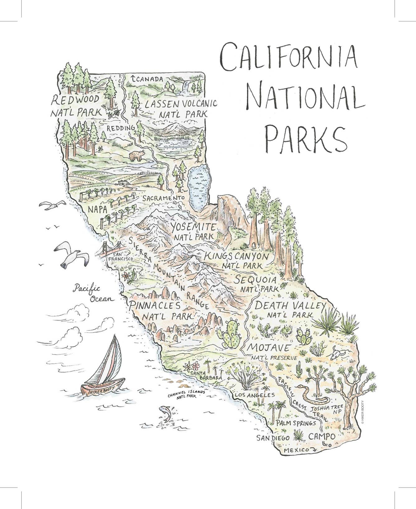 California National Parks Map - Hiker Booty postcard – Ouchiku Studio
